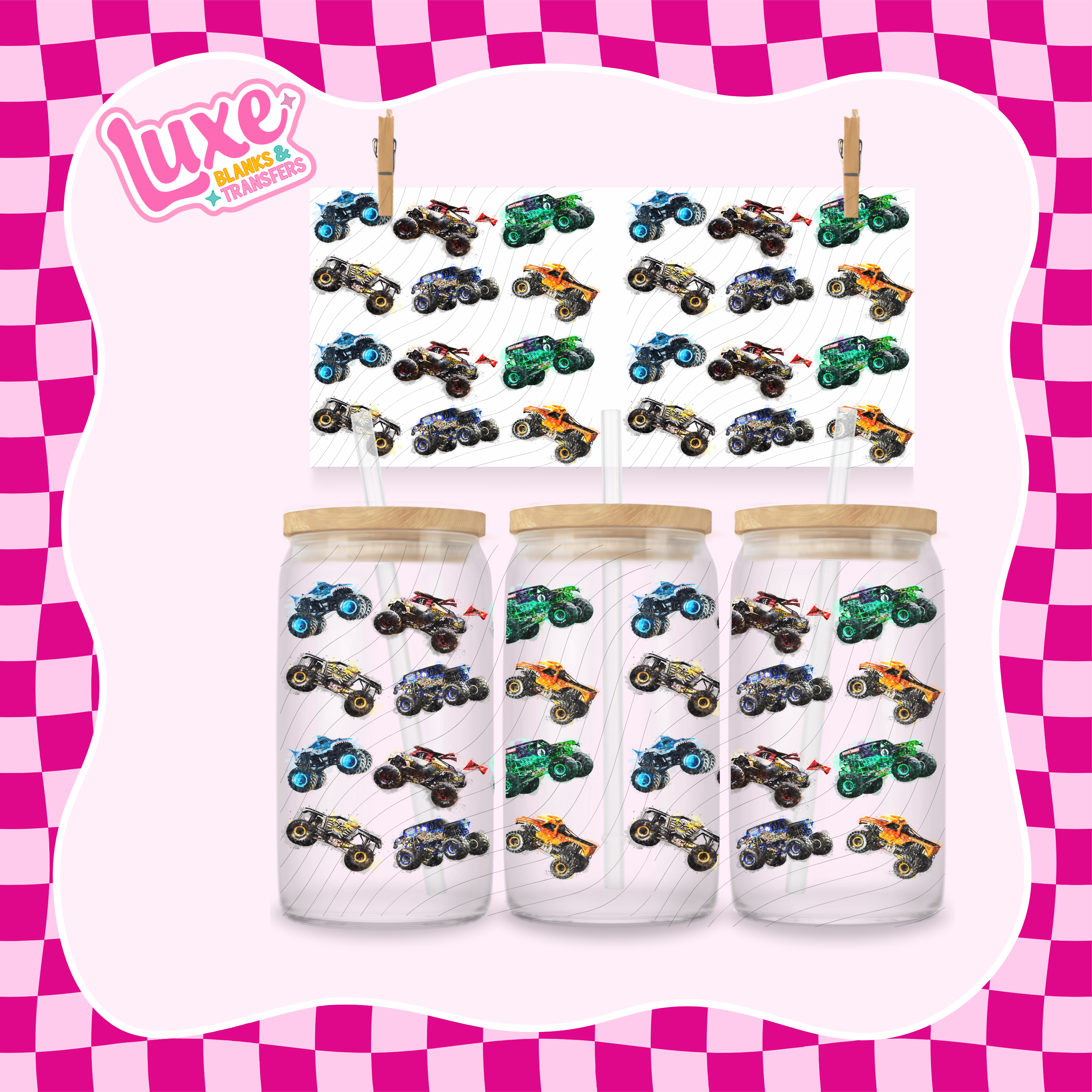16oz UV DTF Wrap | Monster Trucks #1284 | READY TO SHIP – Luxe Blanks ...